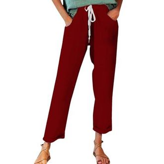 Generic Pantalon Femme Large Fluide en Lin Ample Pantalon Court en Lin pour Femme Grande Taille Taille Haute Jambe Large Longueur Cheville Ray&eacute; pour La Plage 