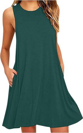 Generic Party Damen Sommer Ärmellos Strandkleid Lang Sommer-Kleider Tank T-Shirt Kleid mit Taschen