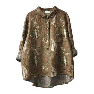 Generic Chemisier Femmes Coton Et Lin Chic D&eacute;contract&eacute; Chemises D&eacute;t&eacute; &Agrave; Manches Longues Col V L&acirc;che Tops L&eacute;ger Respirant Tunic Mode Coton Et Lin Chic Et Elegan