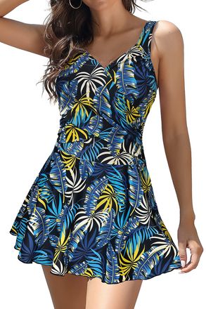 SHEKINI Badeanzug Damen Badekleid Abdomen Kontrolle Bademode Damen Gro&szlig;e Gr&ouml;&szlig;e Badekleid Damen Bauchweg(S, Gr&uuml;ne Bl&auml;tter)