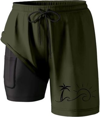 Generic Short de bain court pour homme avec doublure de compression, couture int&eacute;rieure, short de bain, maillot de bain avec poches, Vert fonc&eacute;., 5XL