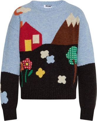 Moschino Femme, Pulls, Multicolore, Taille: 38 FR Pull en laine à imprimé paysage