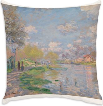 Fabulous Kissenhülle, Velours, weiß, Motiv: Monet Frühling auf der Seine Malerei Impressionismus, Frankreich, 40 x 40 cm, samtig