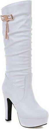 Generic Blanc,35 EU,Bottes Hautes en Cuir PU pour Femmes, Bout Rond, Plateforme, Talons épais, Bottes Longues avec noeud en métal, Chaussures habillées Confor