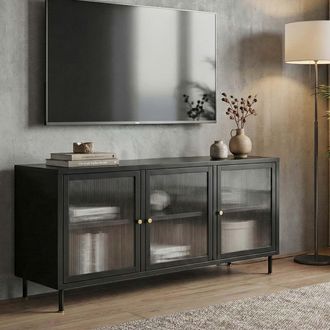 Mendler TV-Rack HWC-O87, Lowboard TV-Schrank Sideboard T&uuml;ren Stauf&auml;cher Industrial Metall Schilfglas 58x120x40cm - schwarz