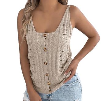 Generic Gilet sans Manche Femme Gilet Femme D&eacute;contract&eacute; Quotidien Ville Printemps-&Eacute;t&eacute; 2025 - Tricot Ajour&eacute; avec Boutons pour Vacances
