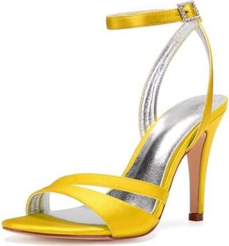 Generic Escarpins Femme Sandales Talon Heels Satin Chaussures De Mariage Mariée Sexy Open Toe High Sandales 10.5CM,Jaune,40 EU