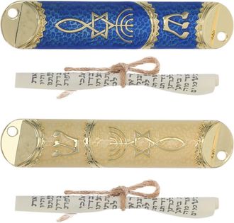 BESPORTBLE Angoily 2 St&uuml;ck Metall T&uuml;rrolle mit Schriftrolle Wetterfestes Geh&auml;use f&uuml;r Haust&uuml;r J&uuml;dische T&uuml;rplakette in Gold Blau und Gold Beige Religi&ouml;se Hausdekor