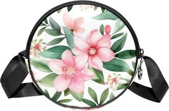 Generic Petit sac &agrave; bandouli&egrave;re circulaire pour femme, motif feuilles florales, sac &agrave; dos avec fermeture &eacute;clair, bretelles r&eacute;glables, sac &agrave; main rond d&eacute;contra