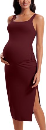 CRZ YOGA Damen Butterluxe Split Umstandskleid Ärmellos Sommer Umstandsmode Bodycon Tank Kleid Schwangerschaf Midikleid Lässige Roter Merlot 44