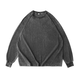 Generic T-shirt pour homme en pur coton couleur unie ample &agrave; manches longues col rond avec base, sweat &agrave; capuche fin, gris, 3XL