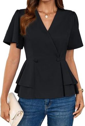 Grace Karin Femme Elégante Bureau Formelle Business Blouse Ruffles Manches Courtes Mariage Eté Wrap Blouse XXL Noir-1