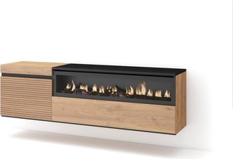 Skraut Home | TV-Schrank, Lowboard | für Wohnzimmer und Esszimmer | 150x45x35cm | Für TV-Geräte bis zu 65 | Elektrokamin. | Hängend | Moderner Stil | Eiche