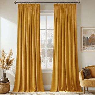 Miulee Lot de 2 rideaux en velours avec galon fronceur - 140 x 300 cm - Belle &eacute;paisseur et lourde - D&eacute;coration de salon et chambre &agrave; coucher - Jaune moutarde