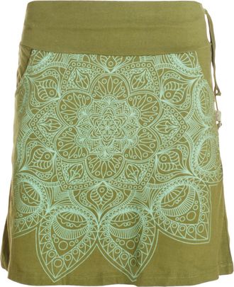 vishes Alternative Bekleidung - Damen Mini-Rock Baumwolle Mandala-Muster extra breiter Bund mit Kordel-Zug und Taschen Olive 40