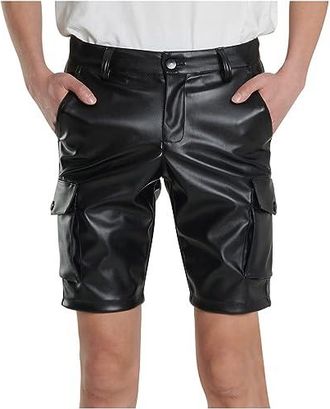 ORANDESIGNE Short en Cuir PU Hommes Style Punk Plusieurs Poches en Cuir Synth&eacute;tique Noir Classique Danse V&ecirc;tements de Sc&egrave;ne Zipp&eacute;e Boxer Shorts Pantalon Court Par