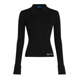 Karl Lagerfeld Lang&auml;rmeliges Strick-Poloshirt - - Tops - Damen - Schwarzk - XS