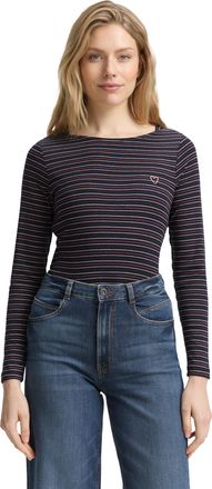 Tom Tailor Damen 1044468 Langarmshirt mit Herz-Stickerei, 39320-Blue Red Multicolor Stripe, XXL