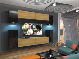 Furnitech Wohnwand Wohnzimmer | Hängend Wohnwand Modern | Wohnzimmer Schrankwand mit Regale und TV Schrank | Wohnzimmer Möbel ohne LED (Rodos AN43-17BD-HGM47 1A