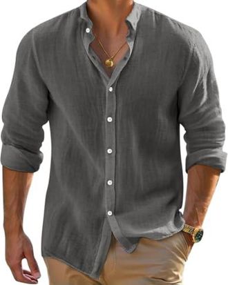 Onsoyours Chemise Lin Homme Manches Longues Chemise D&eacute;contract&eacute;e Coton Business Chemises Hommes Couleur Unie Casual Bouton Shirts Regular Fit A Grisfonc&eacute; L