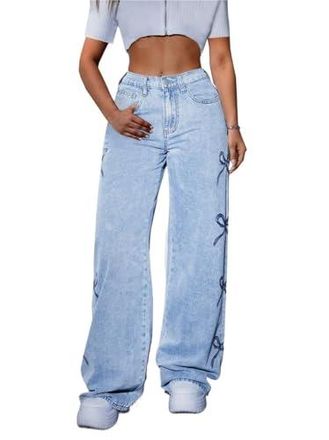 Generic Jean baggy pour femme imprim&eacute; papillon taille haute jambe droite mignon pantalon d&eacute;contract&eacute; Preppy v&ecirc;tements Y2k avec poches, bleu clair, XS