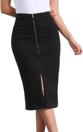 Allegra K Jupe Longue en Jean pour Femmes Fente sur Le Devant Fermeture Éclair Taille Haute Jupe Fendue Moulante Noir XL