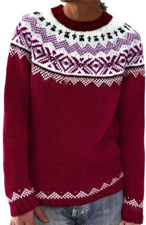 Generic Pull Fairisle pour femme - Grande taille - Pull tendance à manches longues et col rond - En tricot festif - Pour lhiver et les vacances, Za-wine, L