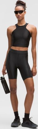lululemon Satin Shine Panelled High-Rise Short 8 Wordmark f&uuml;r Frauen - Gr&ouml;&szlig;e 10 in Black
