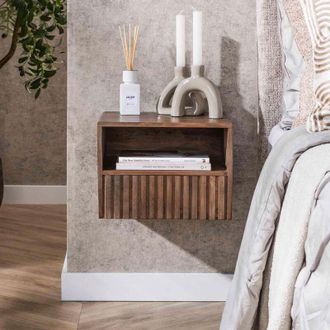 M&S Collection Chevet suspendu 1 tiroir 1 niche 35x25 cm en acacia brun fonc&eacute; - KIRVE