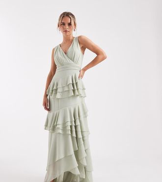 Tfnc Petite Robe portefeuille longue et volant&eacute;e en mousseline pour demoiselle dhonneur - Vert sauge