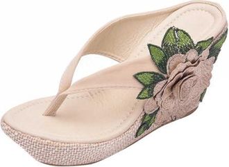 Generic Tongs compens&eacute;es pour femme - Sandales &agrave; talons hauts - Chaussures de marche brod&eacute;es - Semelles souples - Confortables - L&eacute;g&egrave;res - Hausschuhe, kaki, 4