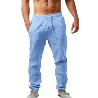 Generic Pantalon de sport pour homme - Pantalon de survêtement léger en coton et lin respirant - Coupe régulière - Couleur unie - Pantalon de sport décontract