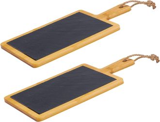 Westmark 2 Servierbretter/Bambus- und Naturschieferplatten zum Anrichten, mit Griff, rechteckig, Maße: 32 x 18 x 1 cm, Bambus/Schiefer, Tapas + Friends, Hellbr