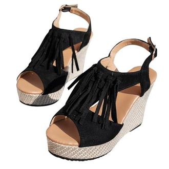 Generic Pantoufles pour femme - Espadrilles &agrave; fausse pampille - Avec d&eacute;coupes &agrave; bout compens&eacute; - 2026, Noir, 39 EU &eacute;troite
