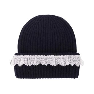 Ganni Bonnet en Laine Dentelle - Femme - Accessoires - Bleu - Taille: ONE Size