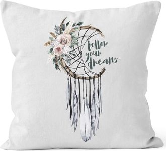 Autiga Kissenbezug Traumfänger Dreamcatcher Follow Your Dreams Spruch Blumen Federn Spruch Boho Kissen-Hülle Deko-Kissen weiß Unisize
