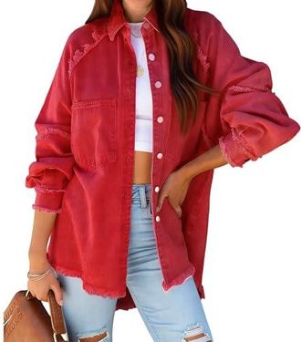 Generic Veste en jean surdimensionn&eacute;e pour femme avec ourlet effiloch&eacute; boutonn&eacute; sur le devant en jean manteau d&eacute;contract&eacute; western, Rouge, XXL