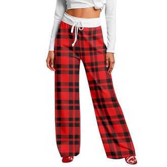 Generic Pantalon &agrave; jambe large pour femme - Taille haute - Jambe droite - Pantalon d&eacute;t&eacute; l&eacute;ger &agrave; carreaux - Pantalon de pyjama d&eacute;contract&eacute; et doux - Pantalon d