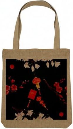 Fabulous Sac Shopping Tote Bag Aspect Lin - Lantern Floral Motif Japon Ornament Asiatique Chine - Sac de Courses Toile Epaisse 360g Beige Naturel Cabas Port&eacute; E