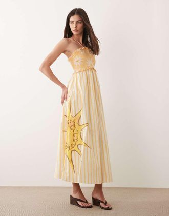 Never Fully Dressed Ashley - Neckholder-Maxikleid aus Baummwolle mit gelben Streifen