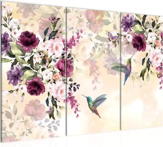Runa Art Wandbilder Blumen Bild XXL Wohnzimmer Schlafzimmer Beige Lila Kolibri 120 x 80 cm 3 Teilig 026631a