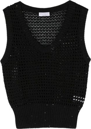 Brunello Cucinelli Femme, Pulls, Noir, Taille: 42 FR Gilet Crochet Col V