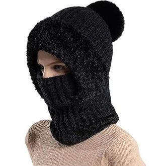 Generic Bonnet dhiver chaud tricot&eacute; avec cache-cou pour femme, chapeau dhiver en laine avec doublure en polaire chaude, cagoule coupe-vent pour femme, Noir, T