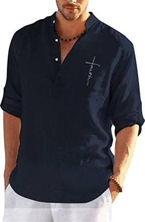 ORANDESIGNE Chemisie Homme Eté à Manches Longues Chemise Slim Fit Couleur Uni Col en V Shirt Tops Blouse Décontractée A-Bleu foncé XXL