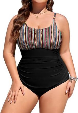 Heekpek Maillot de Bain Grande Taille Femme 1 Piece Ventre Plat Maillot de Bain Push Up Rembourré Une Piece Ruché Swimsuit avec Col en U, Bohème Noir, 4XL