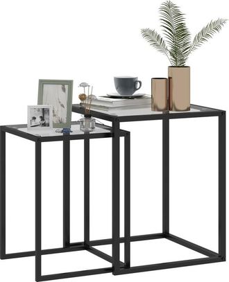 HOMCOM Lot de 2 tables basse gigogne - HOMCOM - empilable - plateau en verre tremp&eacute; cadre en acier, patins antid&eacute;rapants - noir