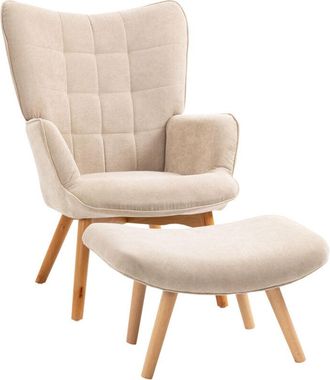 HOMCOM Homcom - Fauteuil &agrave; oreilles et son repose-pieds pi&egrave;tement bois velours c&ocirc;tel&eacute; dossier effet capitonn&eacute; beige