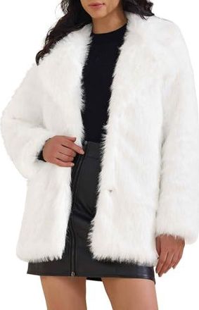 Allegra K Manteau en Fausse Fourrure Femme Veste Duveteuse à Manches Longues à Col Revers, Vêtements DExtérieur DHiver Blanc L