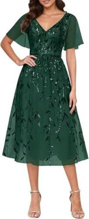 Generic Robe de soir&eacute;e formelle en tulle &agrave; paillettes pour femme Longueur th&eacute; M&egrave;re de la mari&eacute;e, vert &eacute;meraude, 54 Grande taille