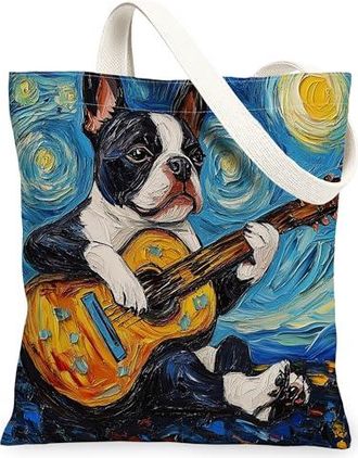 Generic Sac fourre-tout en toile pour faire du shopping avec motif chien terrier de Boston 33 x 38,1 cm, sac &agrave; bandouli&egrave;re r&eacute;utilisable pour femme, animal dom